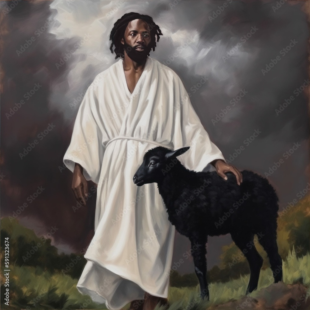 Jesus Christ with Black Sheep under Stormy Skies Painterly Portrait ...