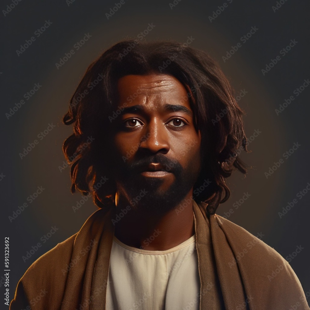 Jesus with Natural Hair and Furrowed Brown Black Christ Portrait ...