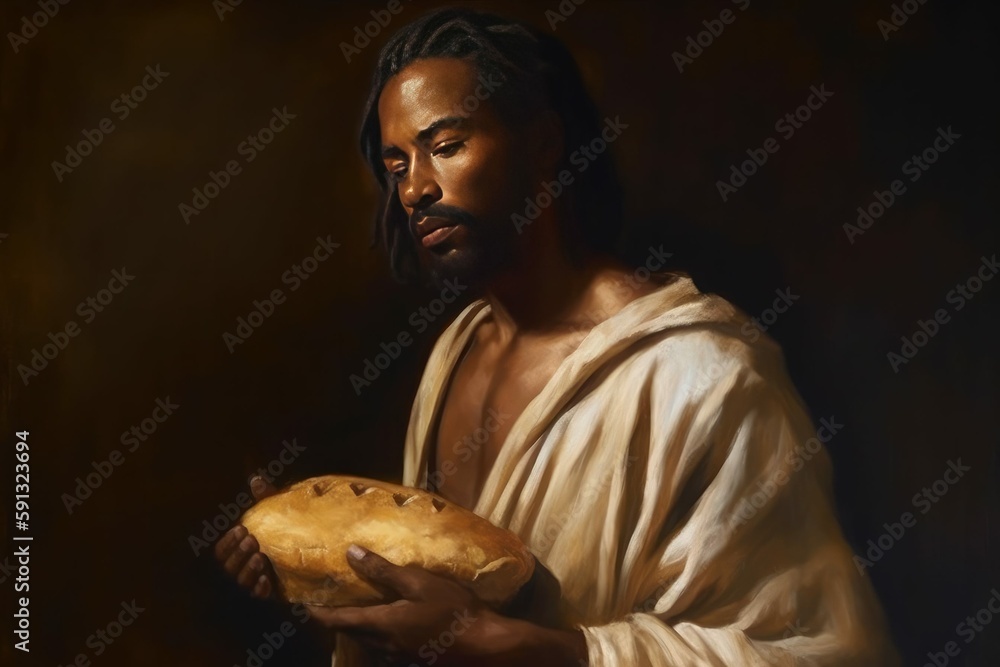 Jesus Holding a Loaf of Bread Black Christ Portrait Illustration ...