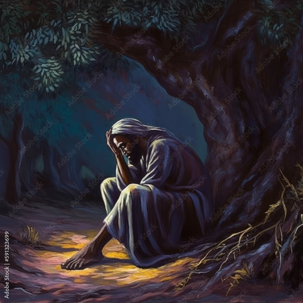 Jesus Agonizing in Garden of Gethsemane, Dark Skinned Christ Painting ...