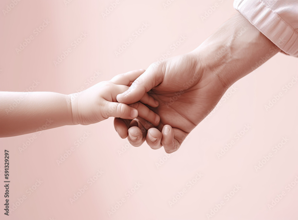 father holding the hand of his little daughter on pink background ...