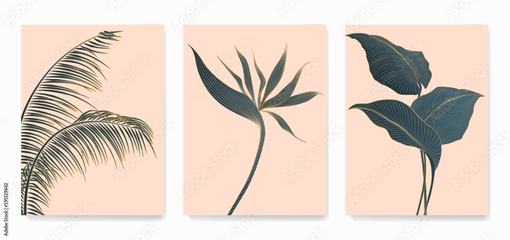 Art background with tropical plants in art line style hand drawn. A set ...