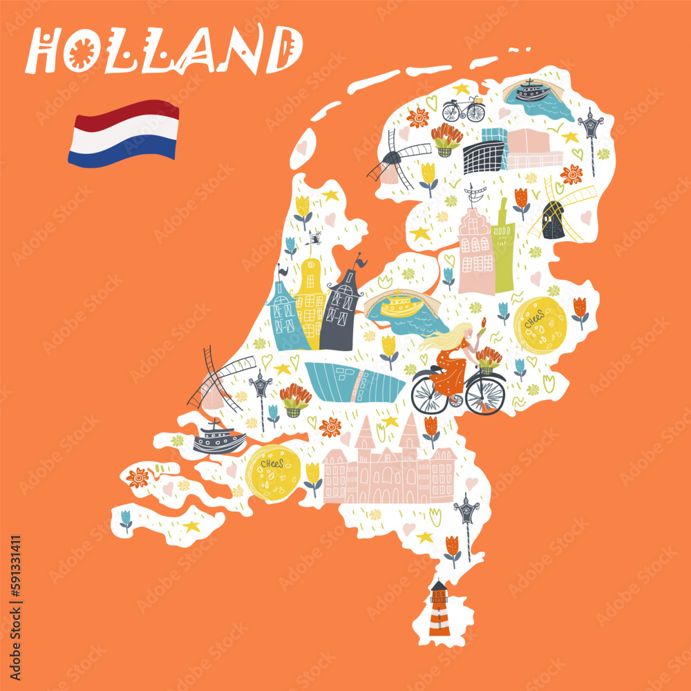 Holland, Netherlands, Amsterdam map, hand drawn vector cartoon ...