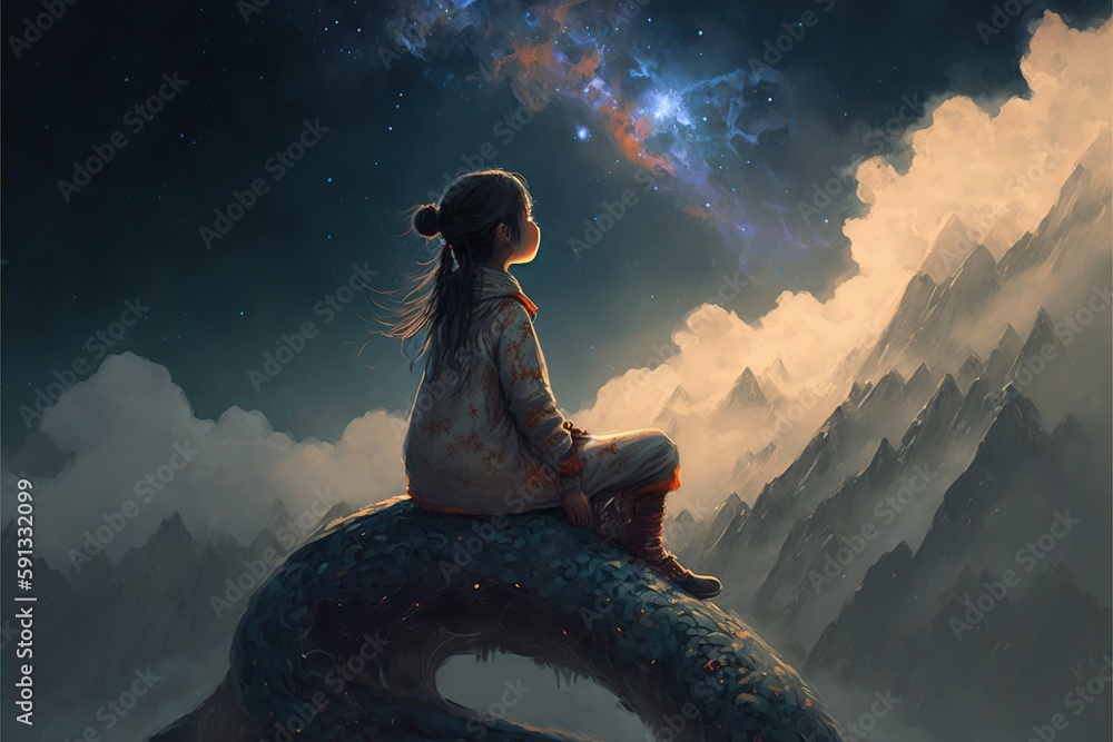 Chinese girl sitting on top of mountain above the cloud with her dragon ...