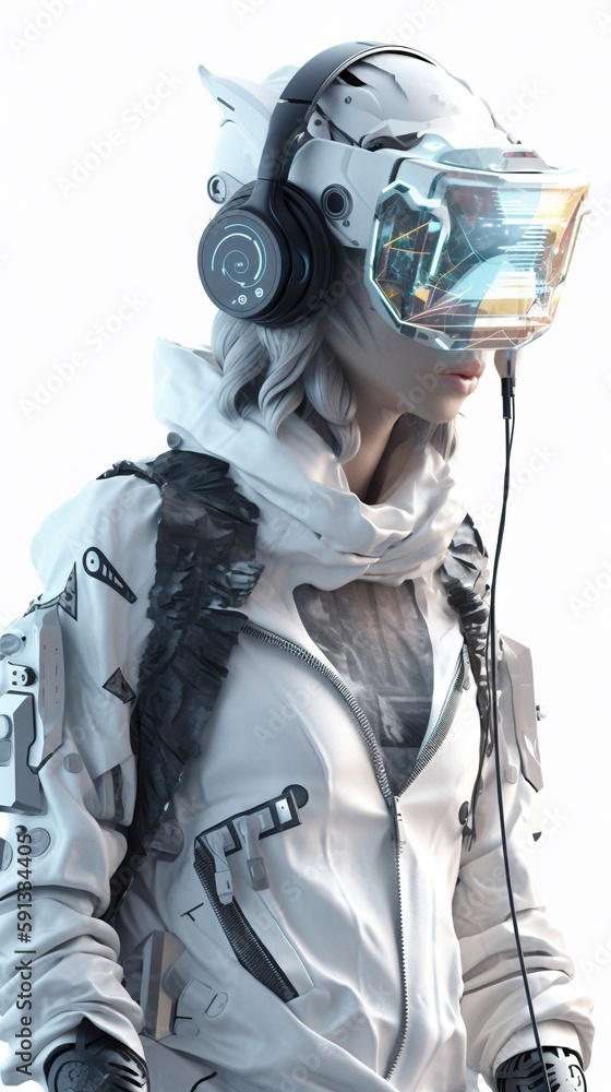 A stunning futuristic gamer wearing a virtual reality headset, adorned ...