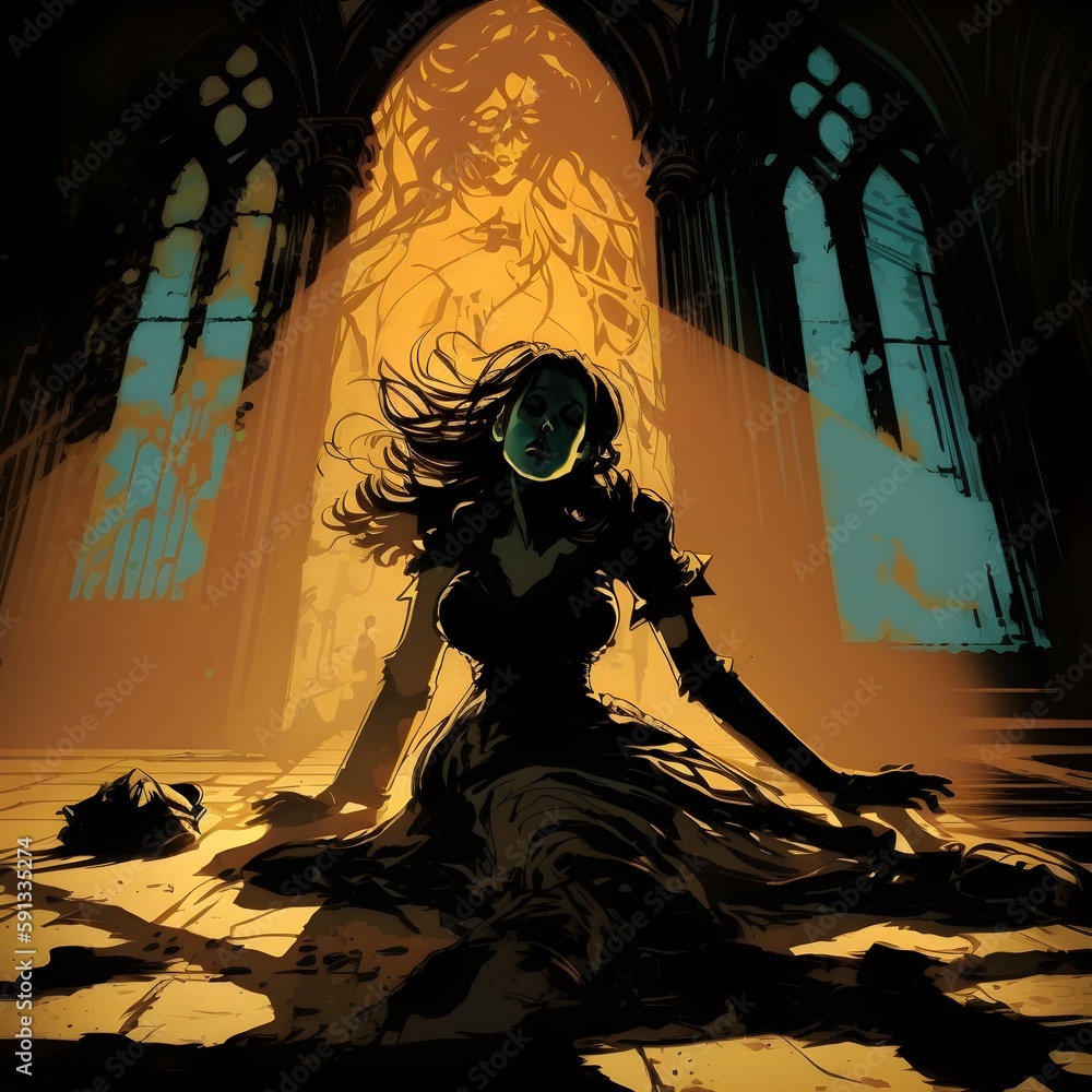 female silhouette laying on the ground of a church energy is shooting ...