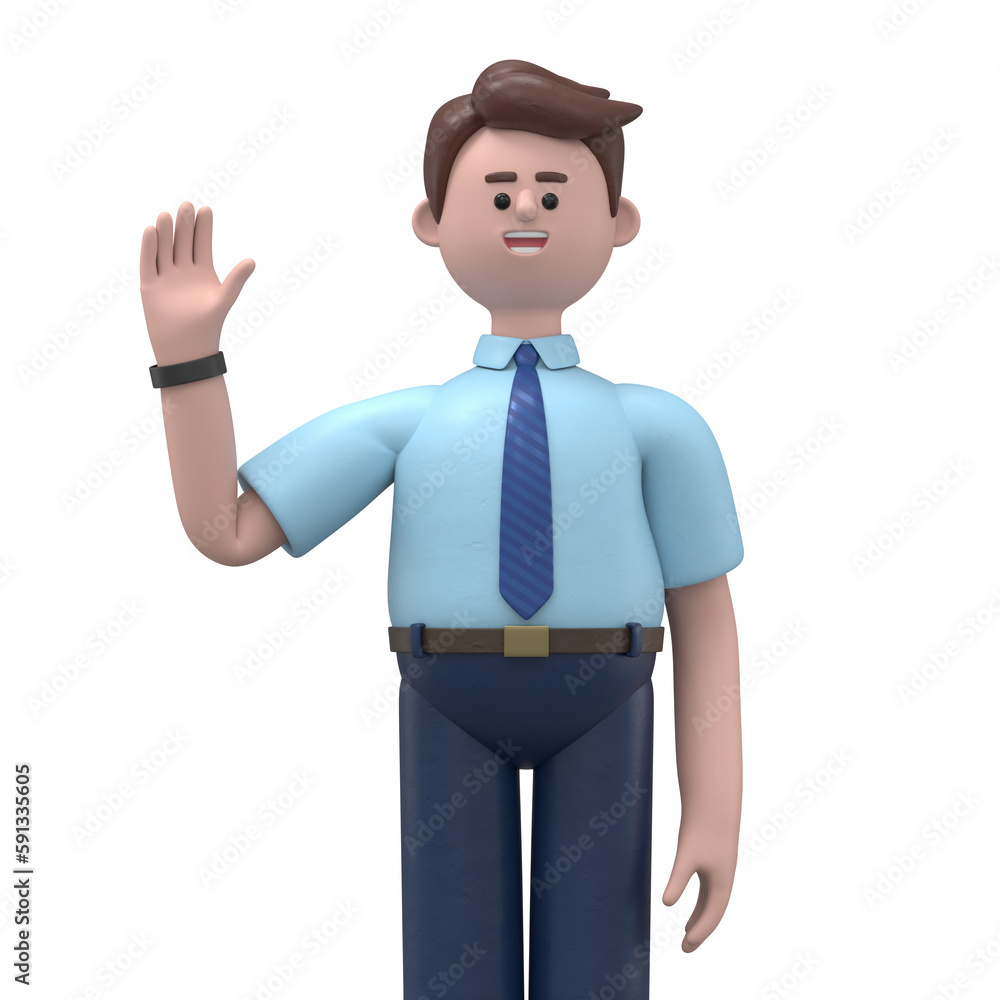 3D illustration of a happy greeting gesture Asian man Felix waving hand ...