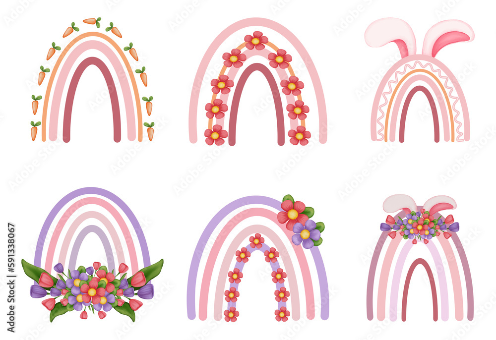 Set of boho rainbow illustration.Boho rainbow with colorful spring ...