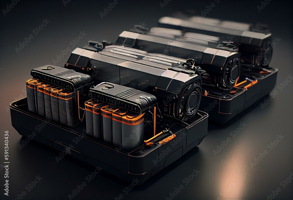 Group of electric cars with pack of battery cells module on platform ...