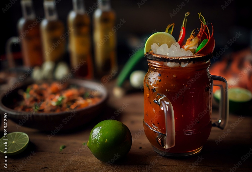 Preparación de michelada, cerveza en tarro en restaurante preparada con ...
