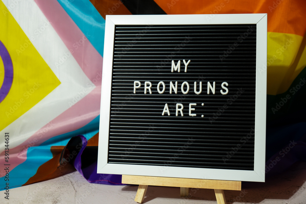 MY PRONOUNS ARE text Neo pronouns concept on Rainbow flag background ...
