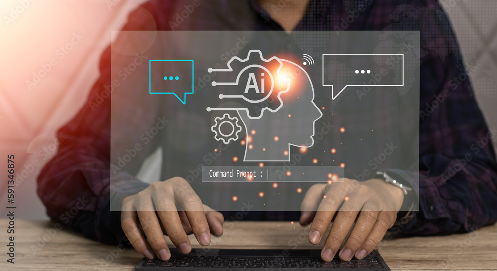 Businessman typing keyboard. AI digital icon on virtual screen. Digital ...