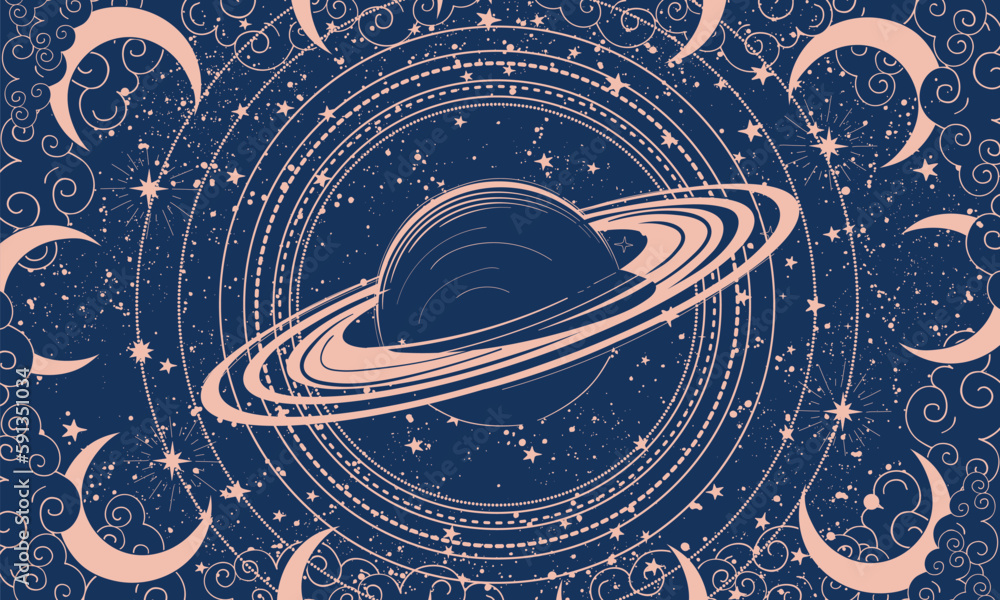 Mystical space background with planet saturn and moon on blue ...