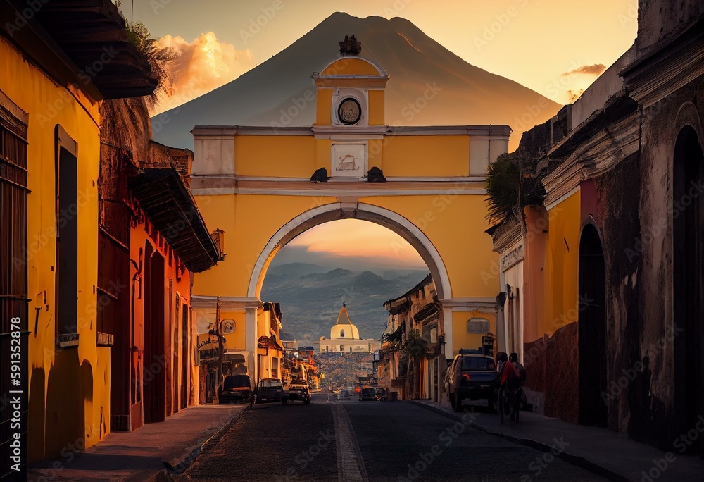 Cityscape of the main street and yellow Santa Catalina arch in the ...