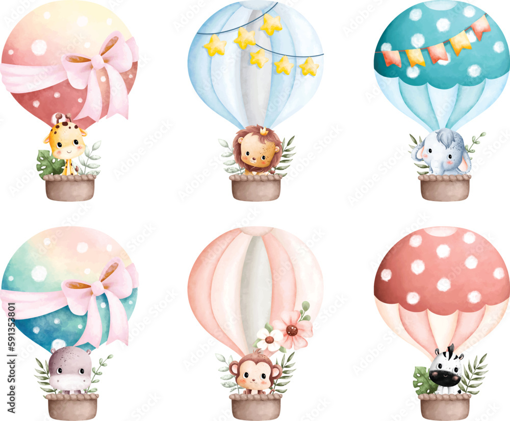 Watercolor illustration set of Cute baby animals in hot air balloon ...