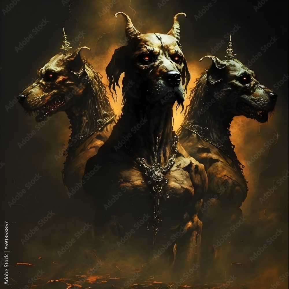 Cerberus hell hound 3 heads 1 body in hell ominous HD in the style of ...