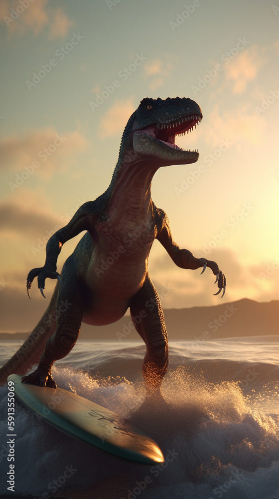 Funny T Rex surfer ride the big wave. Tyrannosaurus on water surfboard ...