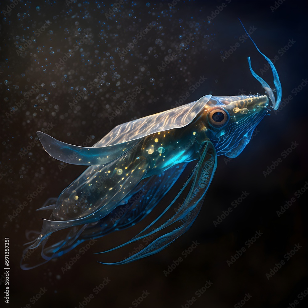 a photo of a bioluminescent space squid in its habitat extremely fine ...