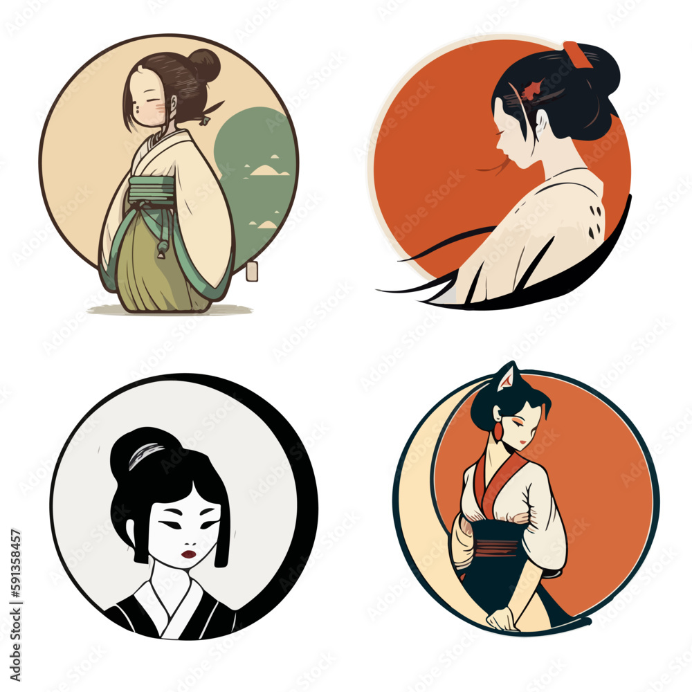 Flat design of several beautiful Asian girls as a logo or sticker. For ...