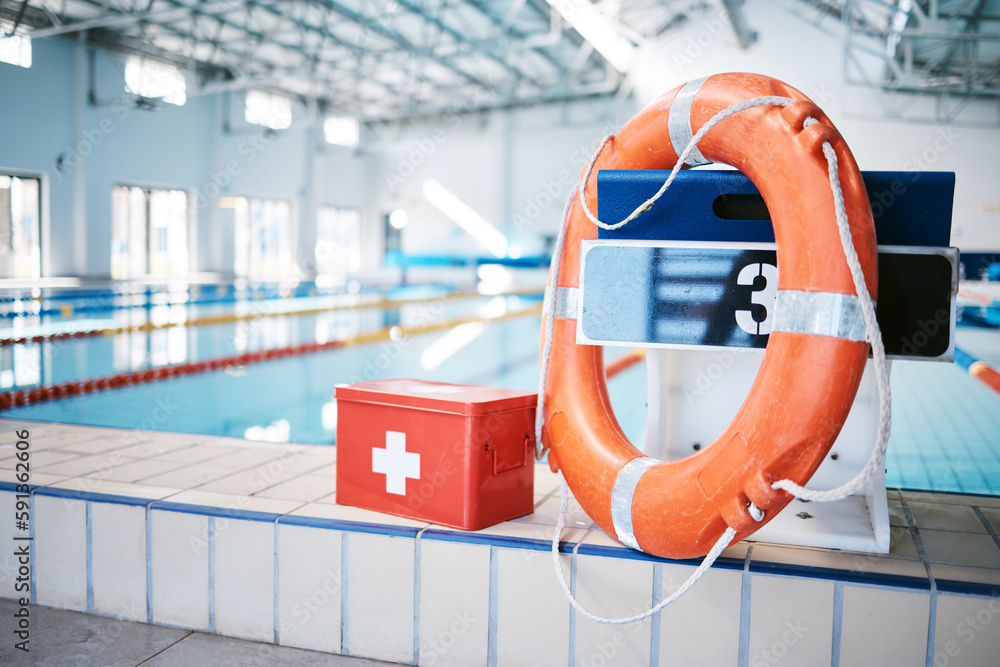 First aid, swimming pool and sports with health and medical equipment ...