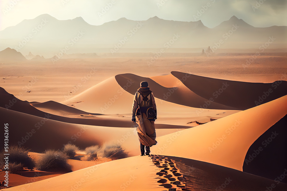 Man walking in the middle of the Sahara desert. Generative AI Stock ...