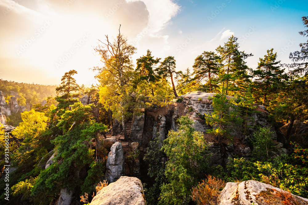 Cesky raj sandstone cliffs - Prachovske skaly in summer sunset, Czech ...