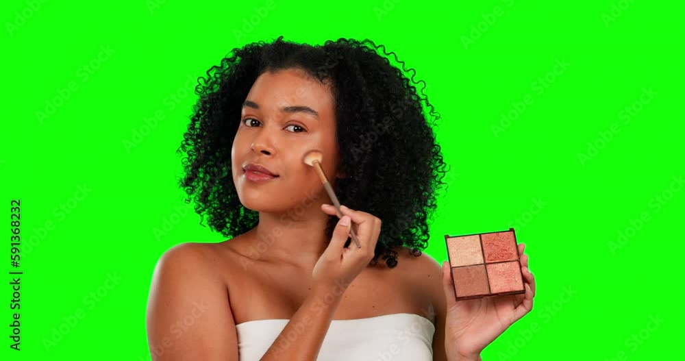 Green screen, portrait of woman with makeup and brush for foundation ...