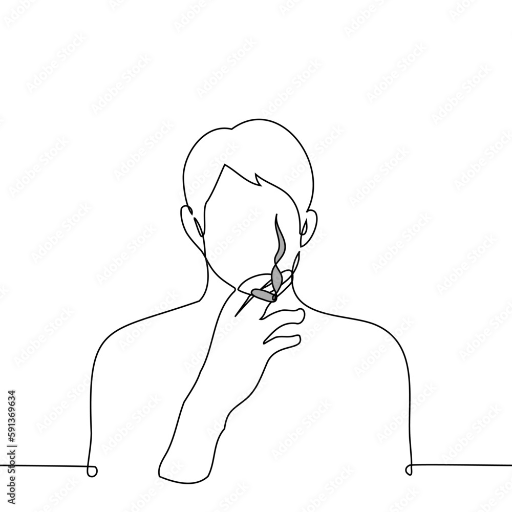man holding a smoking cigarette in his hands near his face - one line ...