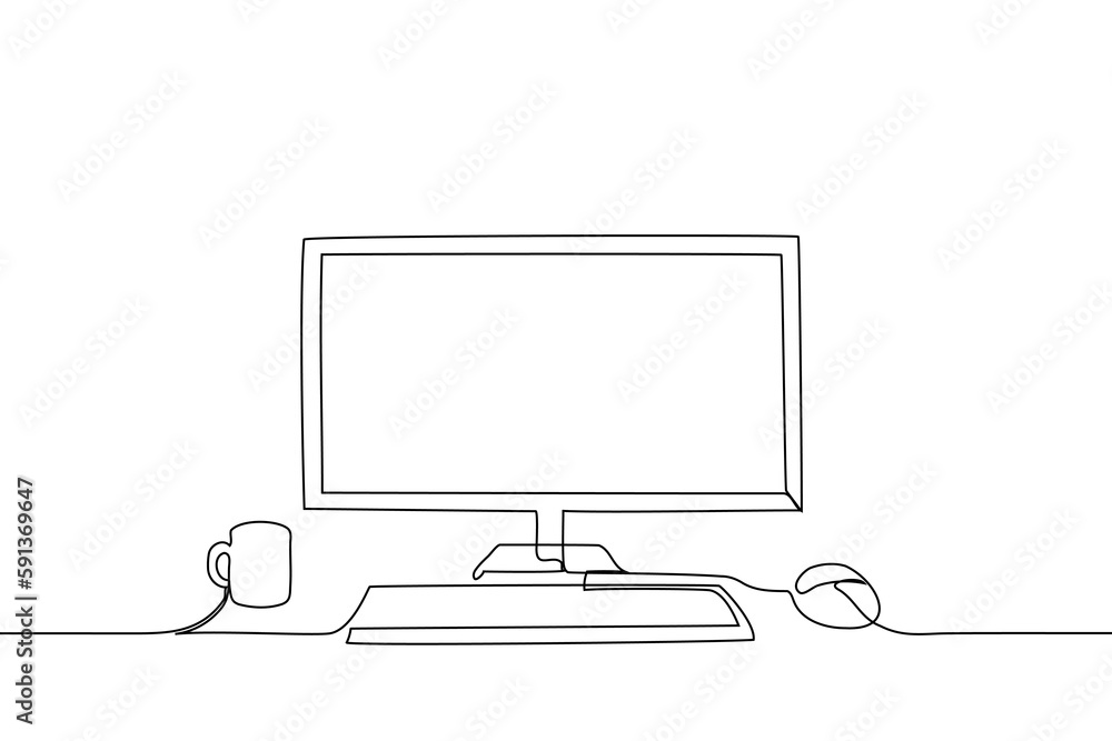 desktop with monitor, keyboard, mouse and mug - one line drawing vector ...
