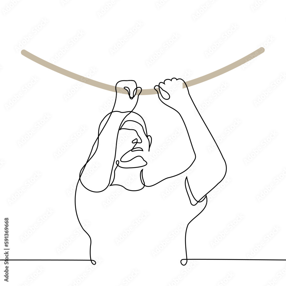 man pulling rope down or stretching - one line drawing vector. concept ...
