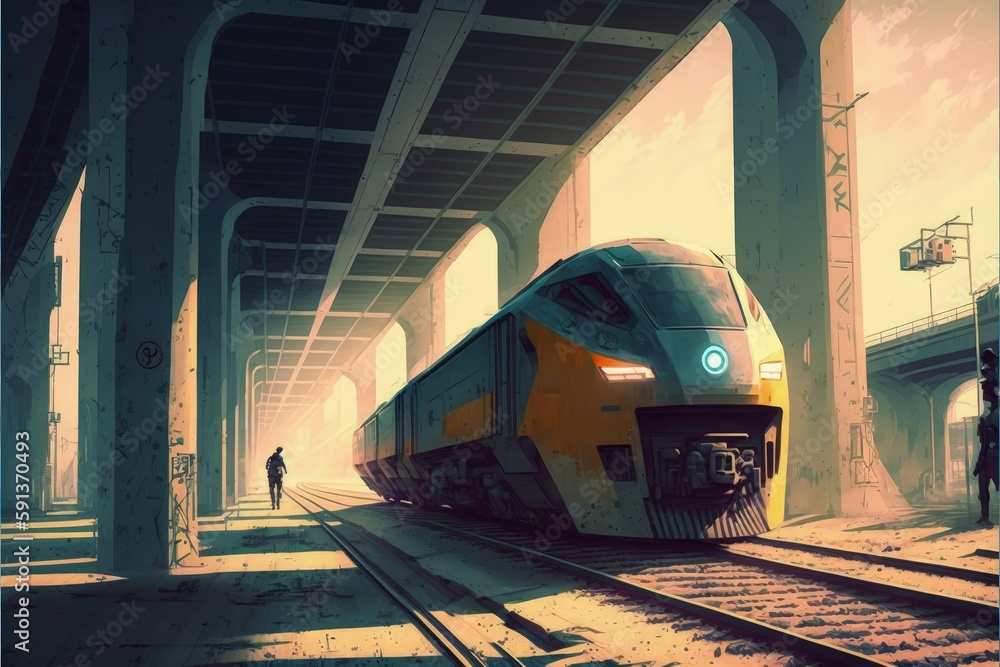 Futuristic train traversing railway and bridge in abandoned urban ...