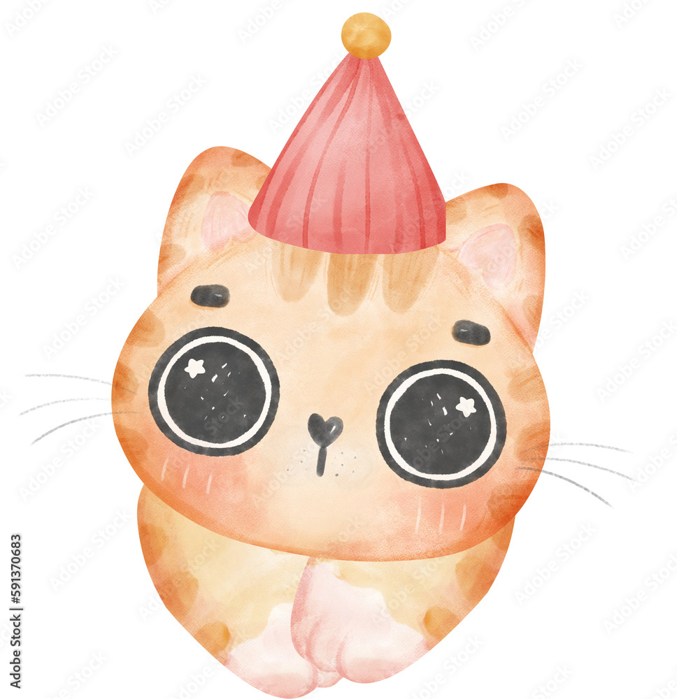 Cute playful birthday cat face celebrating party cartoon watercolor ...