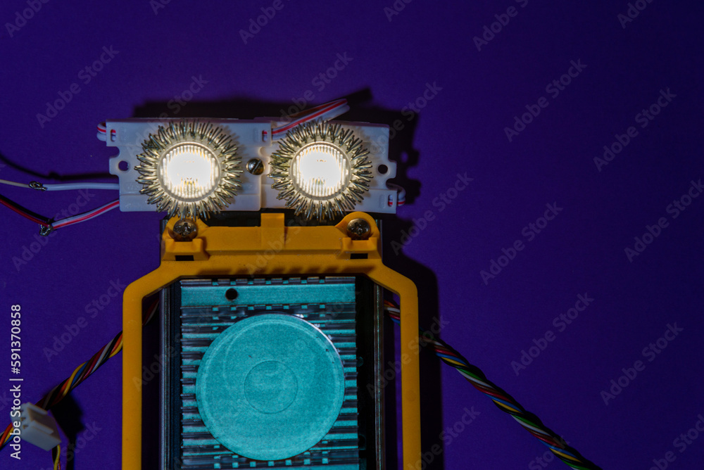 Hand made robot flat lay on the arduino platform. DIY. AI. STEAM.purple ...