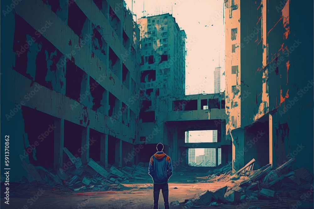 Individual trekking through desolate city, examining ruined structures ...