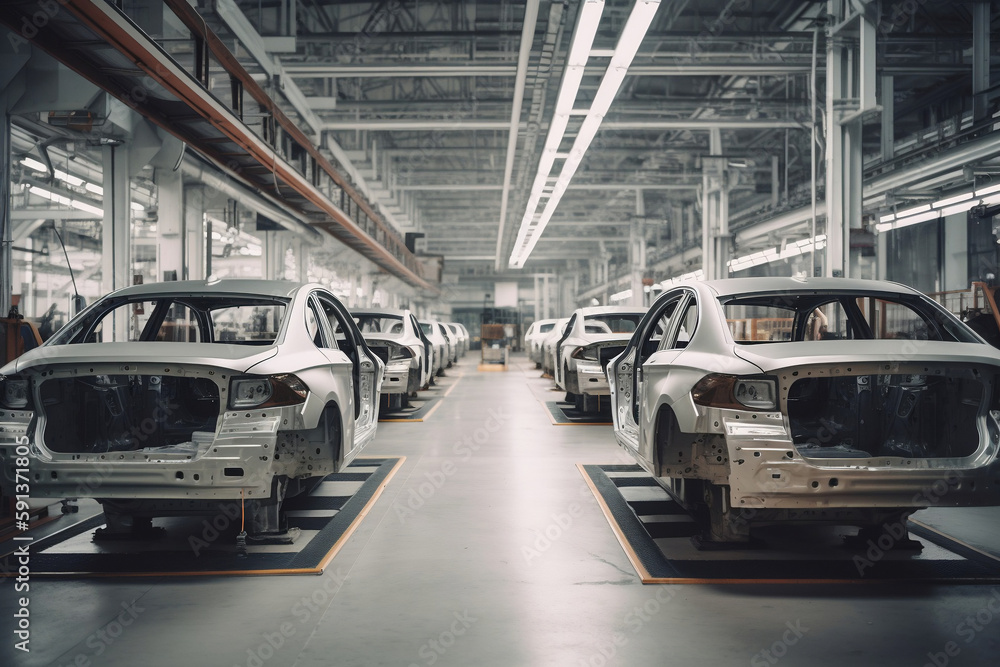 Interior Of Factory With Assembly Line For Modern Cars, Made Using ...
