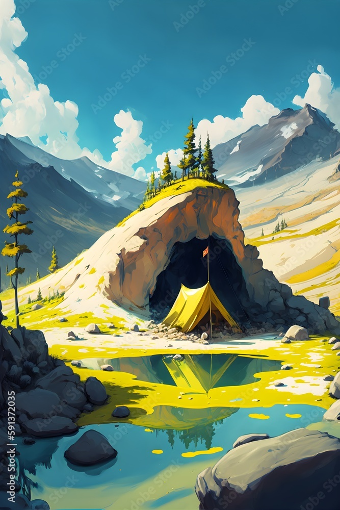 low angle epic lime and yellow yellowstone hotspring environment with ...