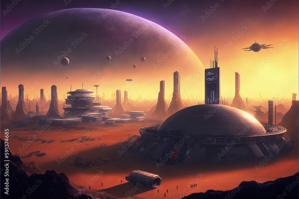 Futuristic colony on exoplanet with colossal constructions depicted in ...