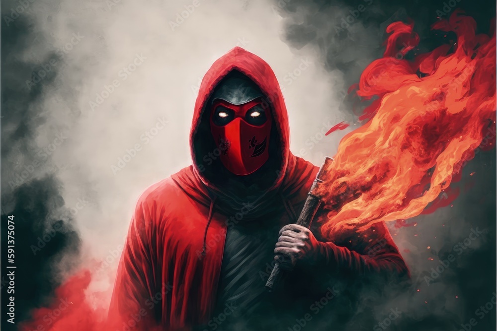 Man donning crimson mask standing with flames and fumes emanating from ...