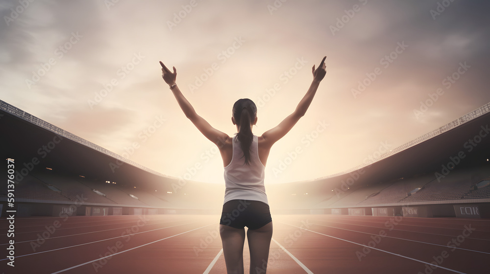a female athlete crossing the finish line cheering to the crowd Stock ...