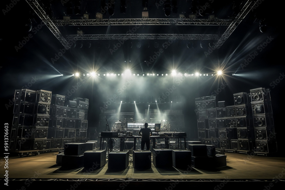 Massive Sound System With Many Reproductors Glowing On Concert Stage ...