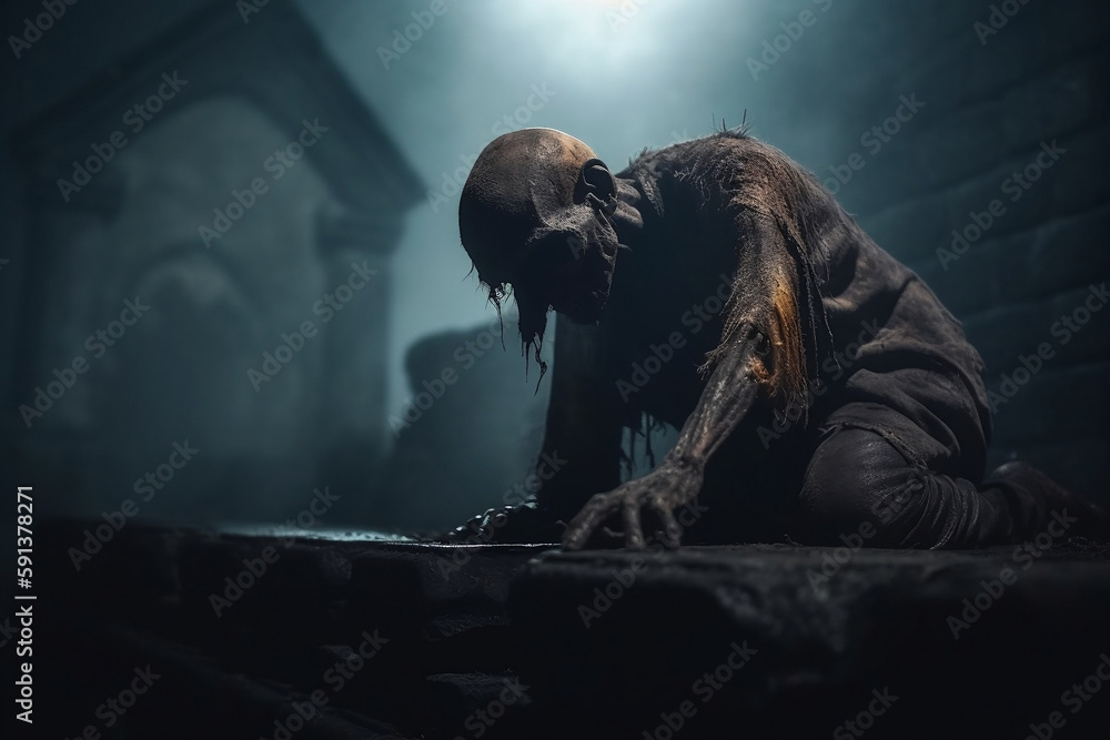 Crawling Zombie On The Tomb At Dark Foggy Night, Made Using Generative ...