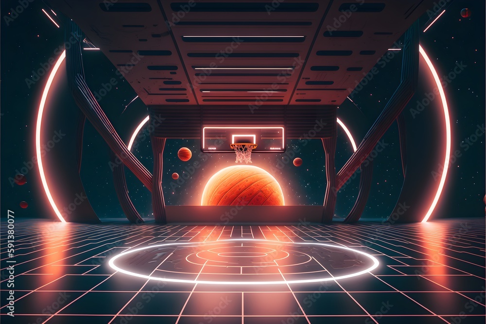 a basketball court floating in space stars portals neons Unreal Engine ...