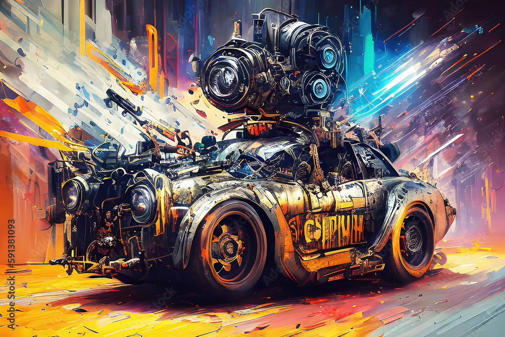 Retro car fantastic design in steampunk style in high speed, oil ...