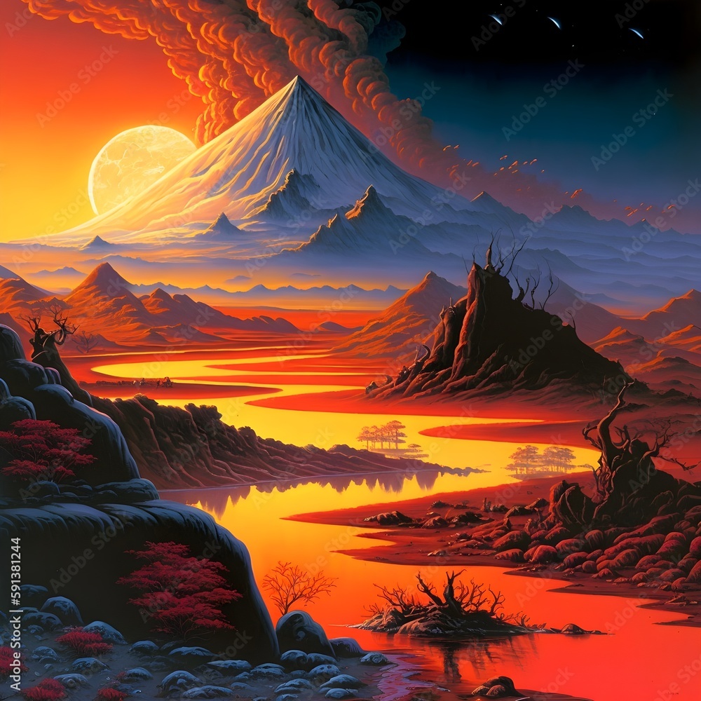 ashen landscape in the distance is a mountain range and a volcano ...