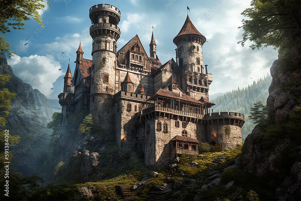Romantic Medieval Castles. Generative AI. A digital painting of a ...
