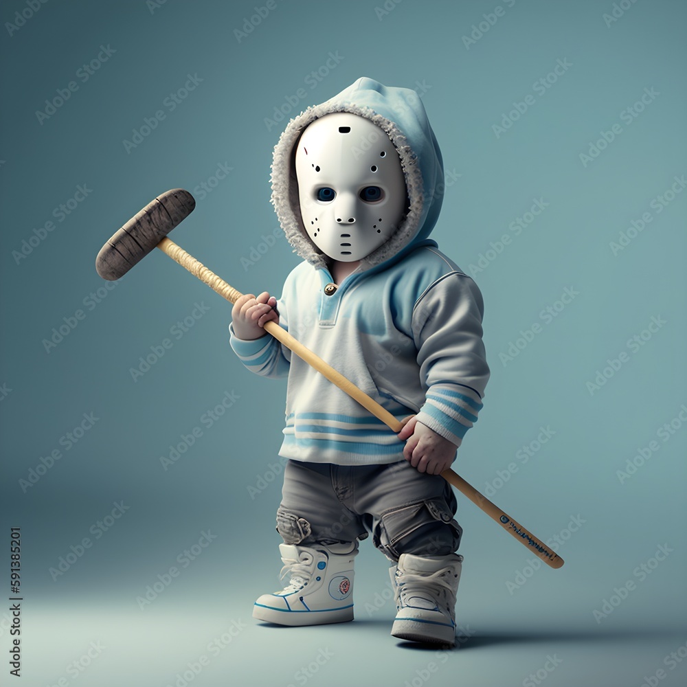 detailed render of a baby version of Casey Jones wearing a white Jason ...