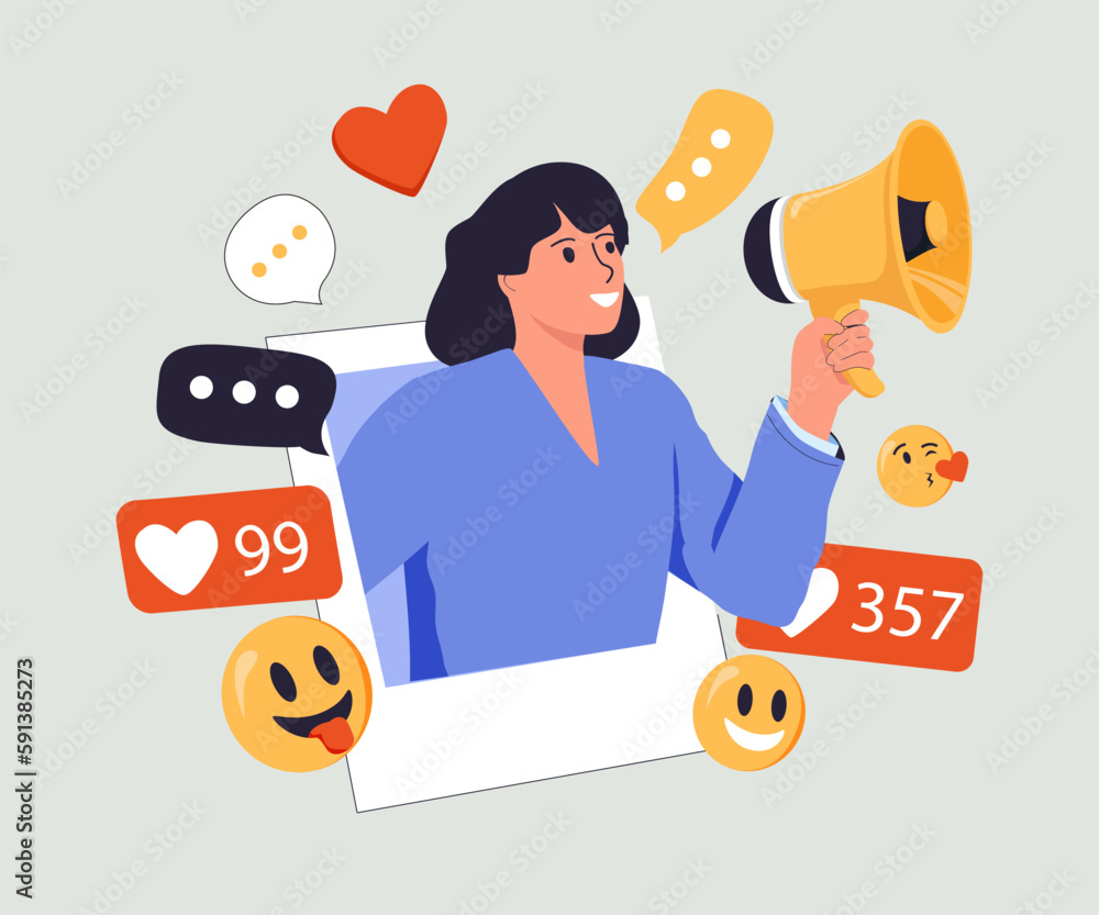 Smm Influencer Advertisement Woman Holding Megaphone And Shouting In