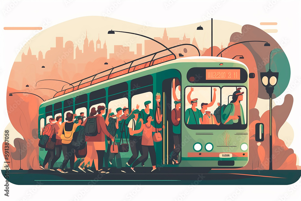 Public transport flat illustration with the crowd at rush hour ...