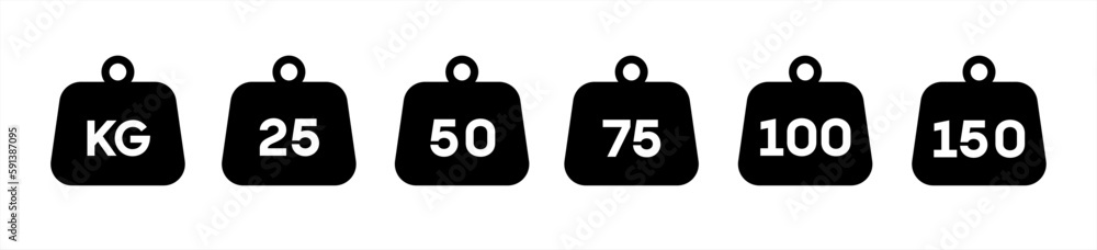 Weight of 25 kg, 50 kg, 100 kilo, and 150 kilograms vector icon set illustration 10 eps. Stock ...