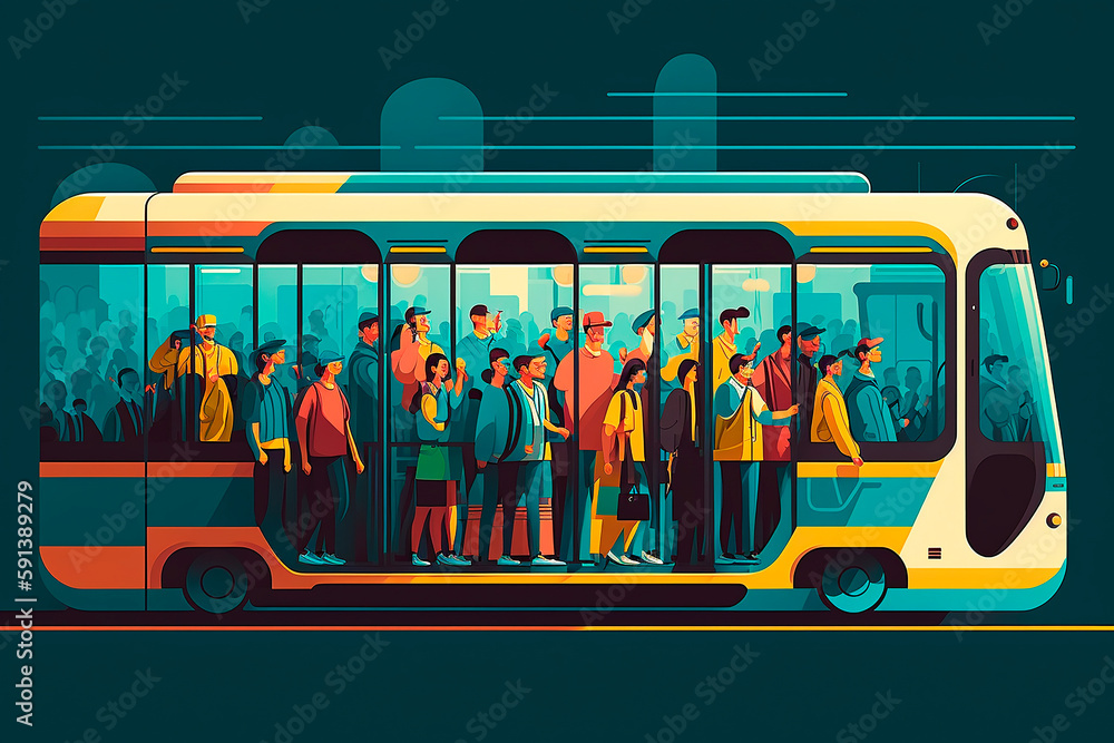 Public transport flat illustration with the crowd at rush hour. Passengers of trolleybus ...